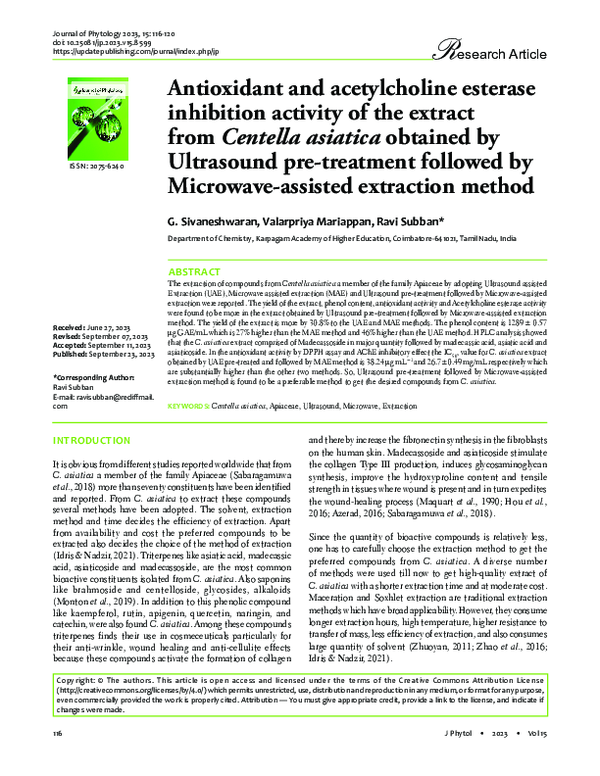 (PDF) Antioxidant and acetylcholine esterase inhibition activity of the extract from Centella ...