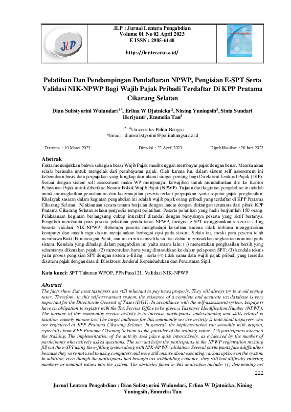 (PDF) Pelatihan Dan Pendampingan Pendaftaran Npwp, Pengisian E Spt Serta Validasi Nik-Npwp Bagi ...