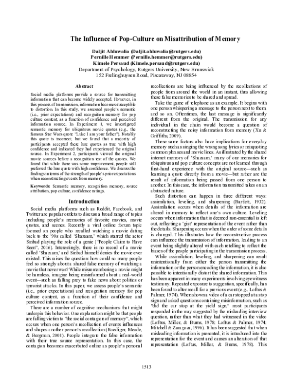 (PDF) The Influence of Pop-Culture on Misattribution of Memory