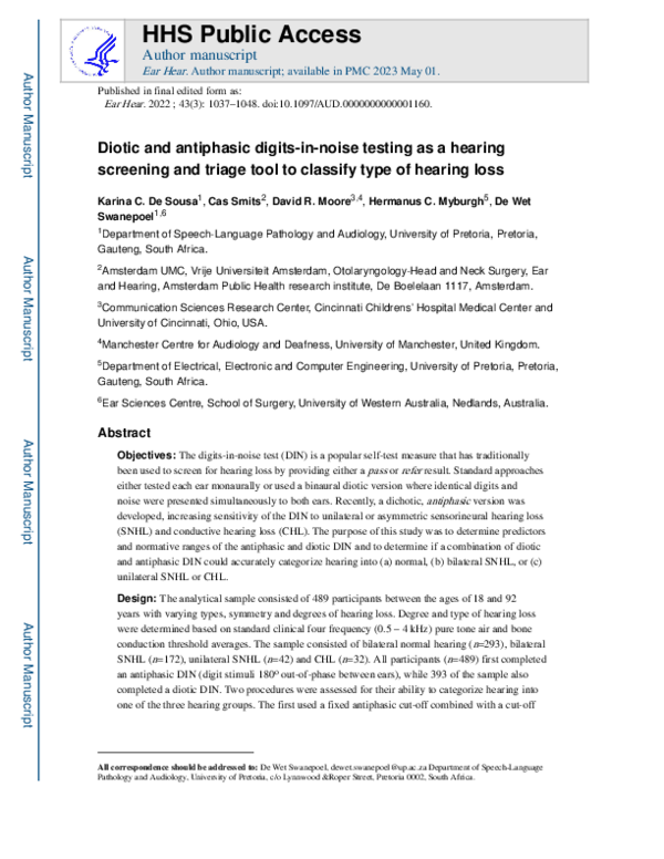 (PDF) Diotic and Antiphasic Digits-in-noise Testing as a Hearing ...