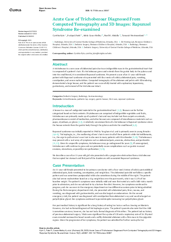 (PDF) Acute Case of Trichobezoar Diagnosed From Computed Tomography and ...