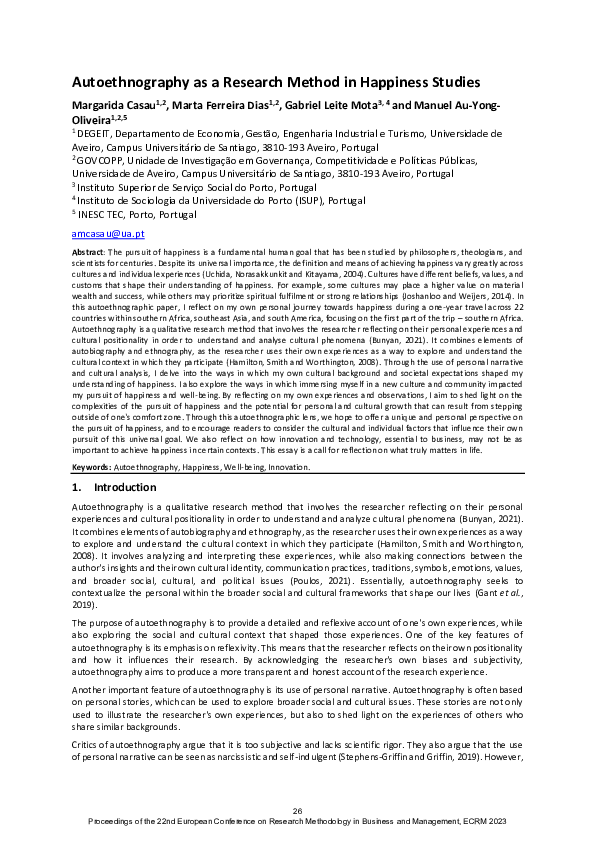 (PDF) Autoethnography as a research method in happiness studies