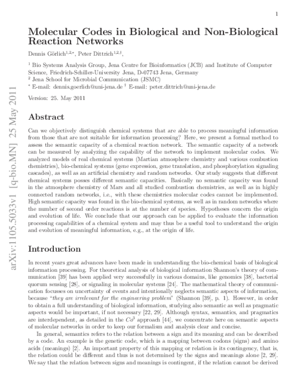(PDF) Molecular Codes in Biological and Non-Biological Reaction Networks