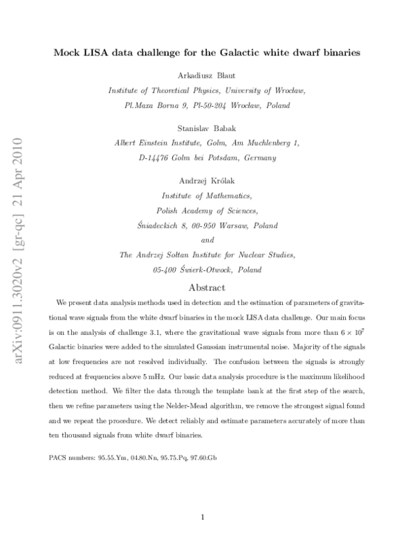 Pdf Mock Lisa Data Challenge For The Galactic White Dwarf Binaries Arkadiusz Błaut