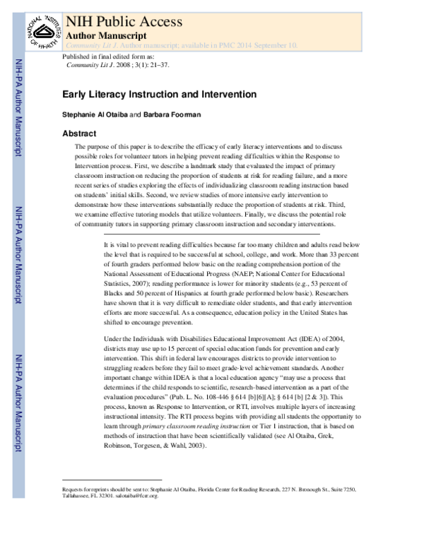 (PDF) Early Literacy Instruction and Intervention
