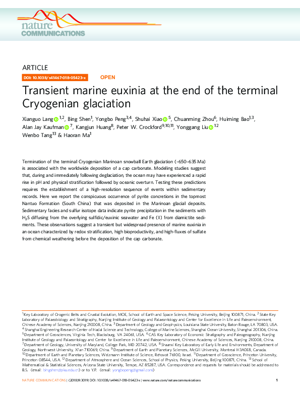 (PDF) Transient marine euxinia at the end of the terminal Cryogenian ...