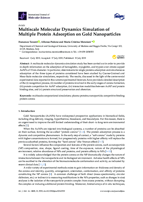 (PDF) Multiscale Molecular Dynamics Simulation of Multiple Protein Adsorption on Gold Nanoparticles