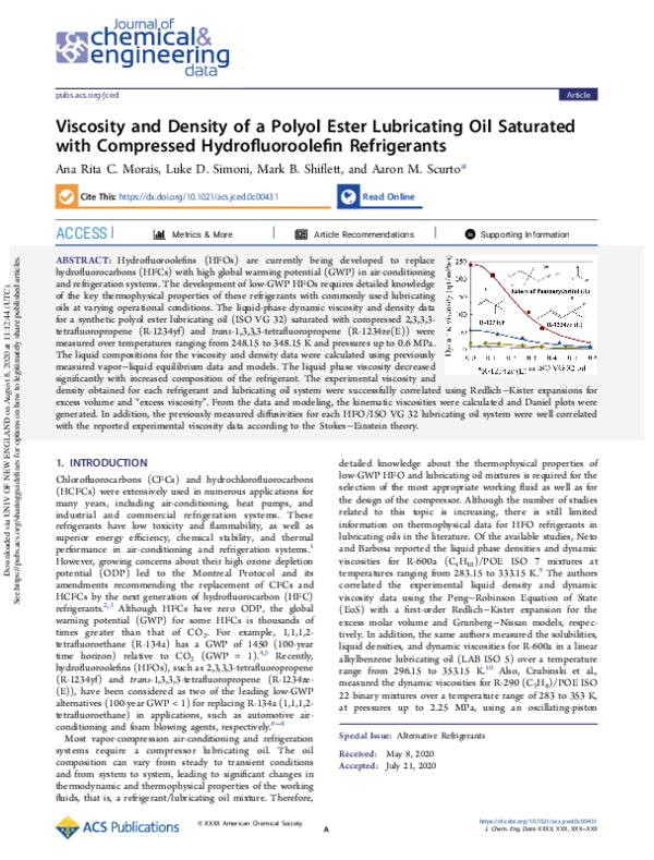 (PDF) Viscosity and Density of a Polyol Ester Lubricating Oil Saturated ...