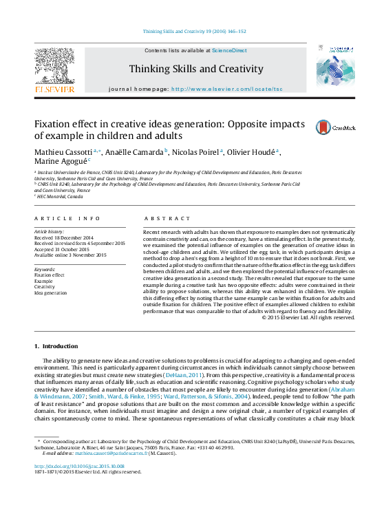 (PDF) Fixation effect in creative ideas generation: Opposite impacts of ...