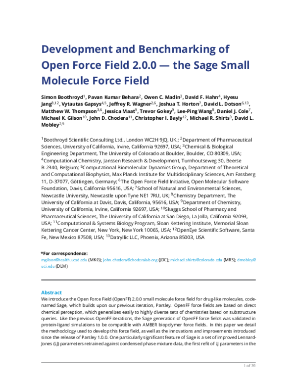 (PDF) Development and Benchmarking of Open Force Field 2.0.0 — the Sage ...