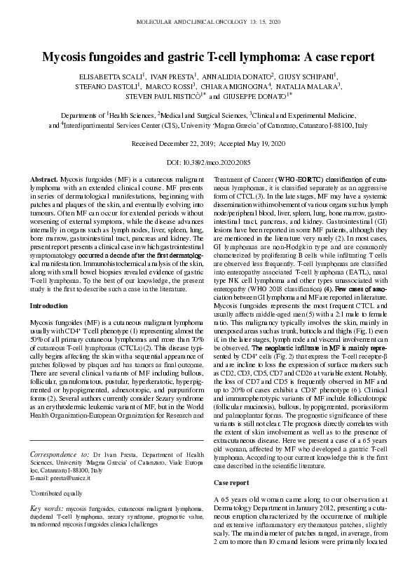 (PDF) Mycosis fungoides and gastric T‑cell lymphoma: A case report ...