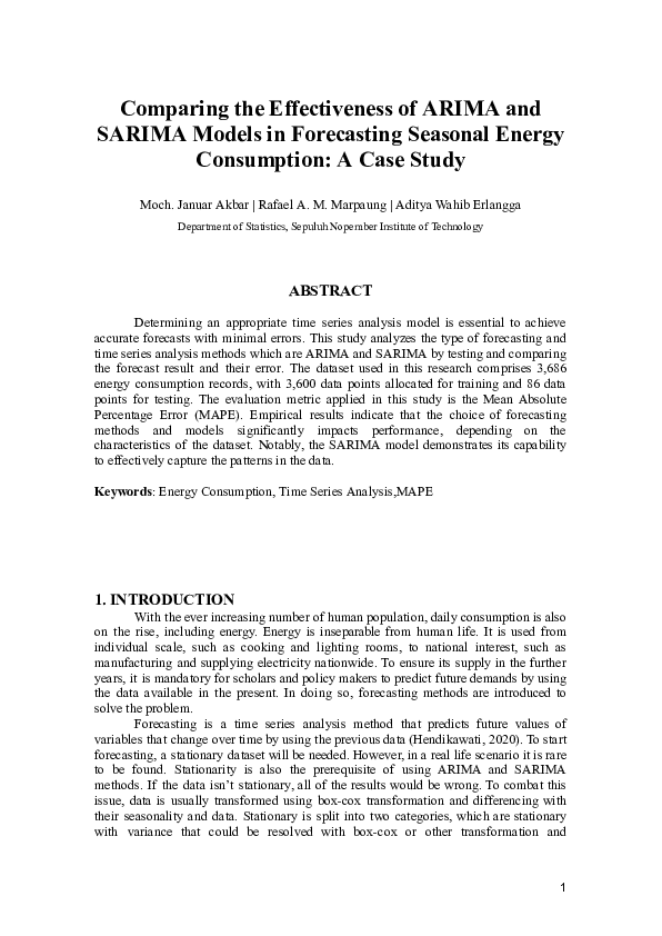 (PDF) Comparing the Effectiveness of ARIMA and SARIMA Models in Forecasting Seasonal Energy ...