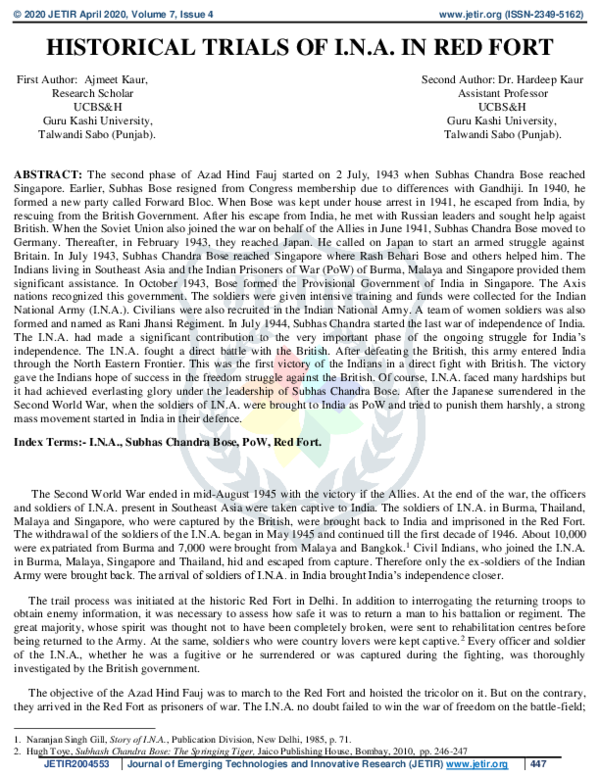 (PDF) Historical Trials Of I.N.A. in Red Fort