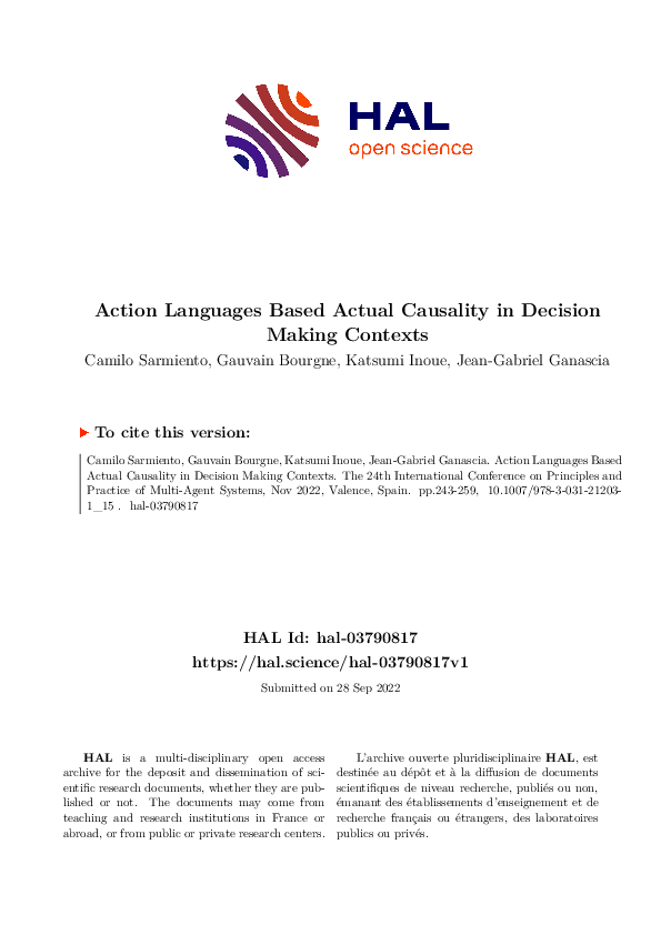 (PDF) Action Languages Based Actual Causality in Decision Making Contexts