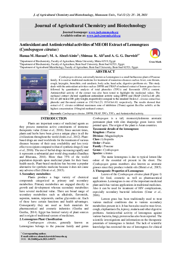 (PDF) Antioxidant and Antimicrobial activities of MEOH Extract of Lemongrass (Cymbopogon citratus)