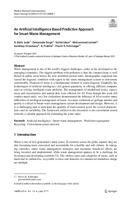 (PDF) An Artificial Intelligence Based Predictive Approachfor Smart Waste Management.