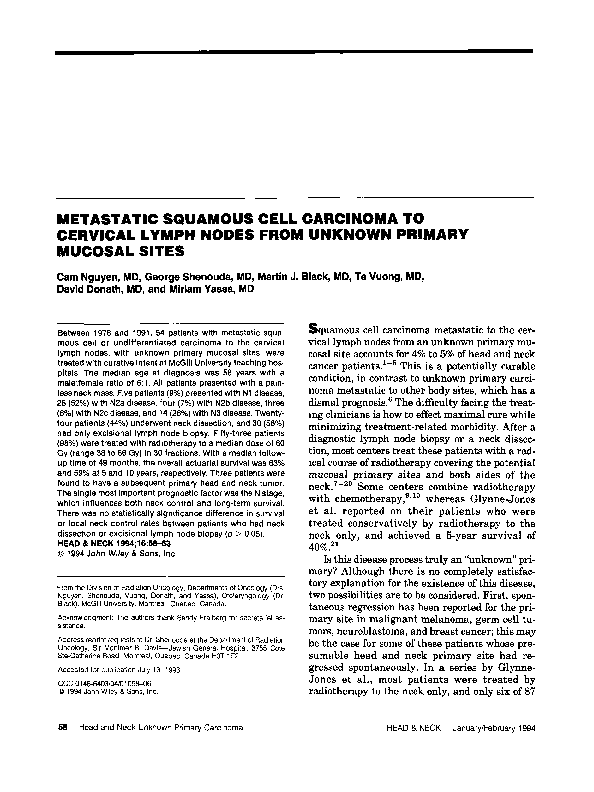 (PDF) Metastatic squamous cell carcinoma to cervical lymph nodes from unknown primary mucosal ...