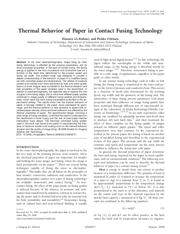 (PDF) Thermal Behavior of Paper in Contact Fusing Technology