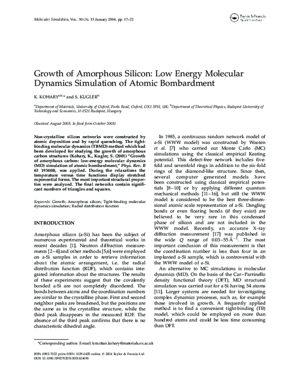 (PDF) Growth of Amorphous Silicon: Low Energy Molecular Dynamics Simulation of Atomic Bombardment