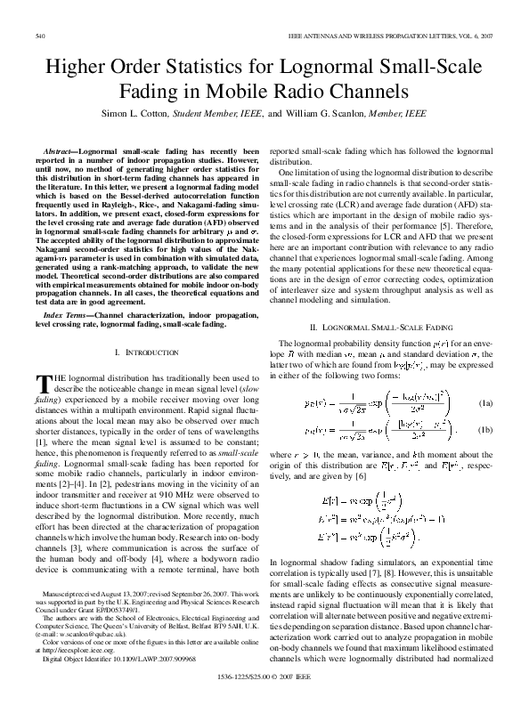 (PDF) Higher Order Statistics for Lognormal Small-Scale Fading in ...