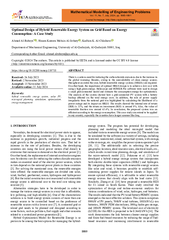 Pdf Optimal Design Of Hybrid Renewable Energy System On Grid Based On
