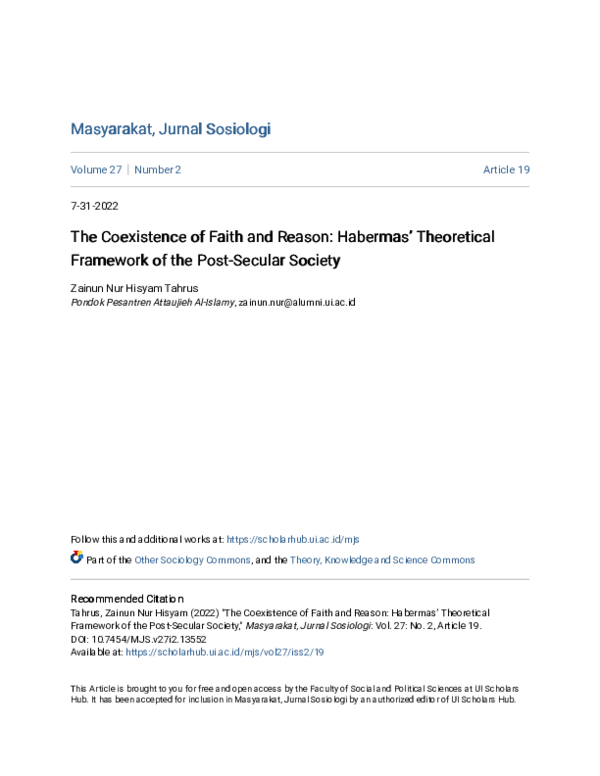 (PDF) The Coexistence of Faith and Reason: Habermas’ Theoretical ...