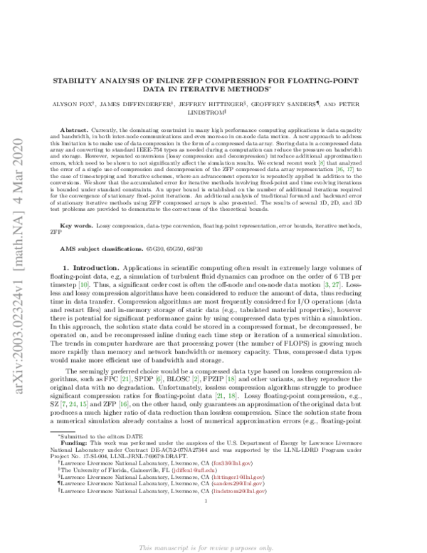 (PDF) Stability Analysis of Inline ZFP Compression for Floating-Point Data in Iterative Methods