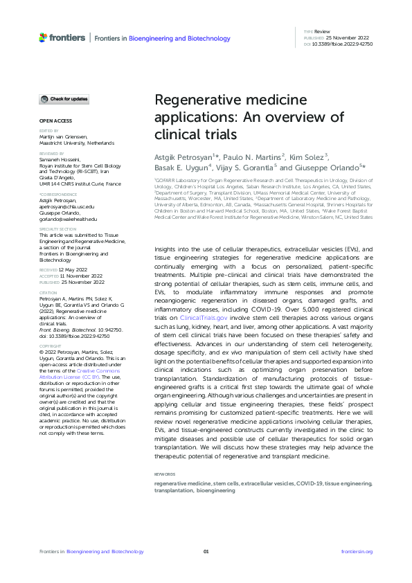Pdf Regenerative Medicine Applications An Overview Of Clinical Trials