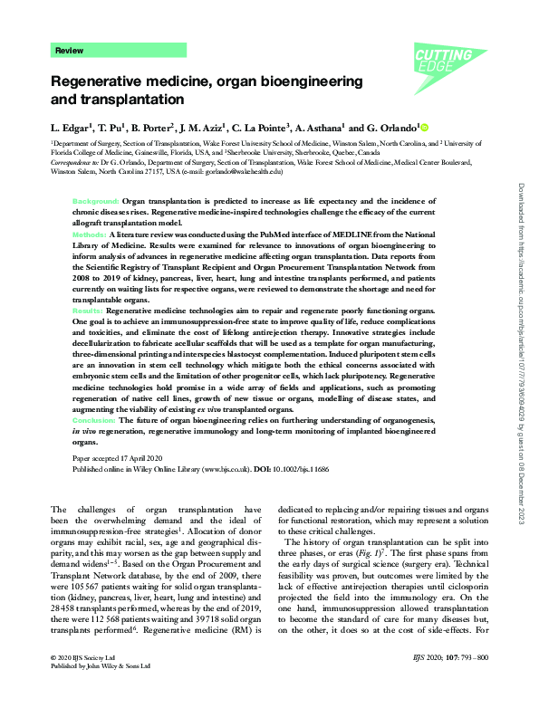 (PDF) Regenerative medicine, organ bioengineering and transplantation