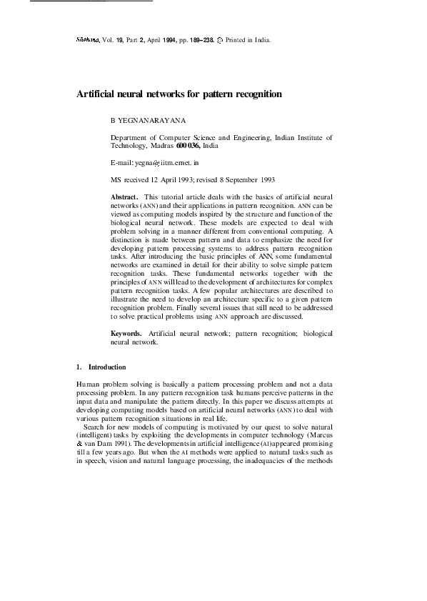 (PDF) Artificial neural networks for pattern recognition