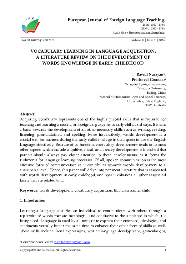 (PDF) Vocabulary Learning in Language Acquisition: A Literature Review ...