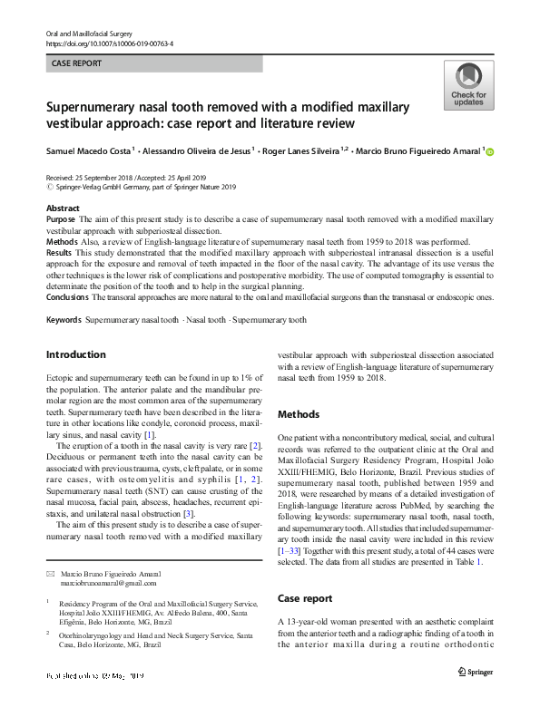 (PDF) Supernumerary nasal tooth removed with a modified maxillary ...