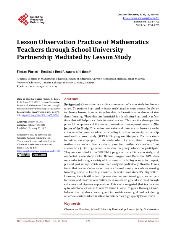 (PDF) Lesson Observation Practice of Mathematics Teachers through ...