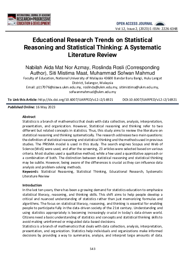(PDF) Educational Research Trends on Statistical Reasoning and Statistical Thinking: A ...