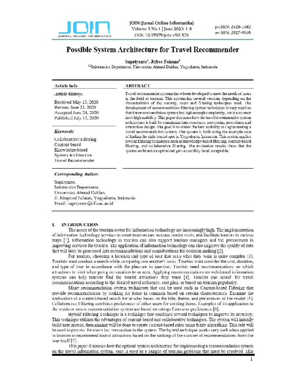 (PDF) Possible System Architecture for Travel Recommender