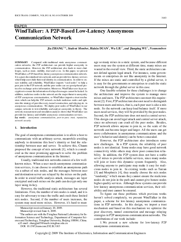 (PDF) WindTalker: A P2P-Based Low-Latency Anonymous Communication Network