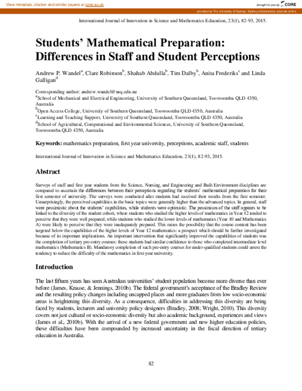 (PDF) Students' Mathematical Preparation: Differences in Staff and ...