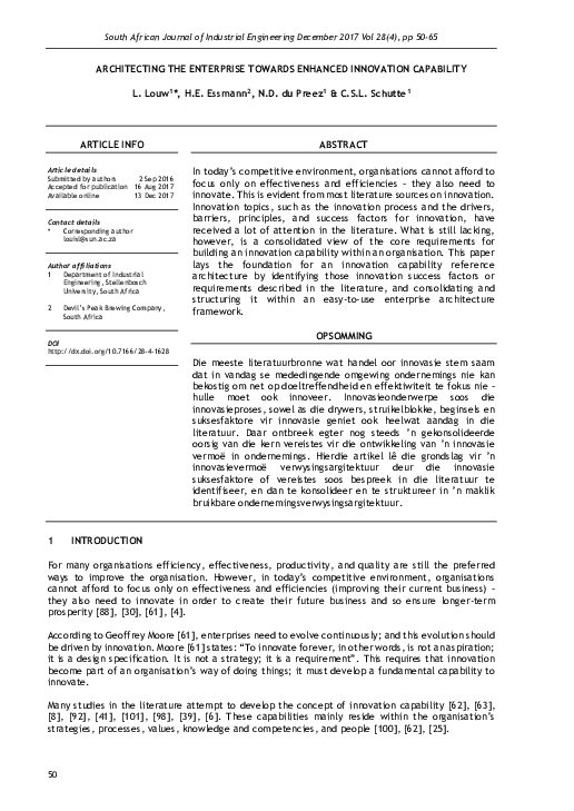 (PDF) Architecting the Enterprise Towards Enhanced Innovation Capability | Niek Du Preez ...