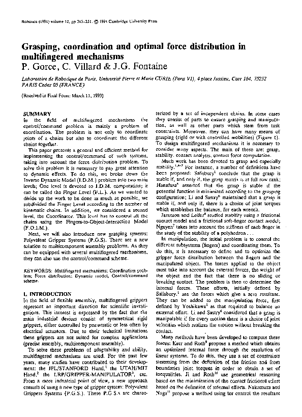 (PDF) Grasping, coordination and optimal force distribution in multifingered mechanisms | Jean ...