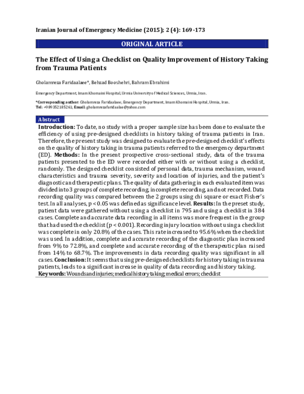 (PDF) The Effect of Using a Checklist on Quality Improvement of History ...