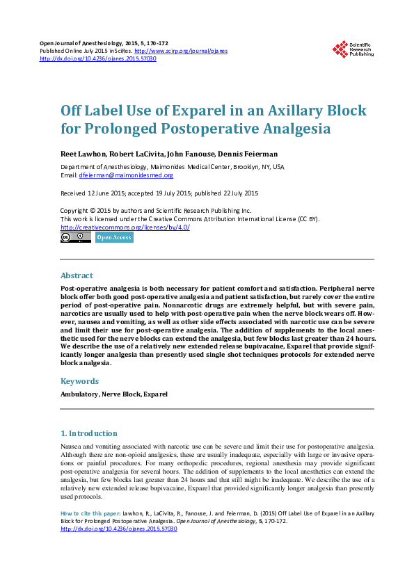 (PDF) Off Label Use of Exparel in an Axillary Block for Prolonged ...
