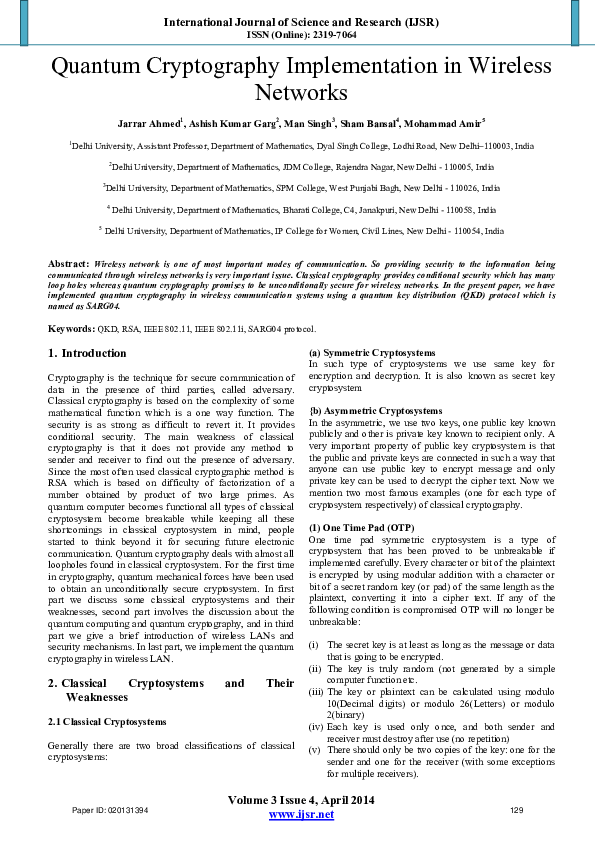 (PDF) Quantum Cryptography Implementation in Wireless Networks