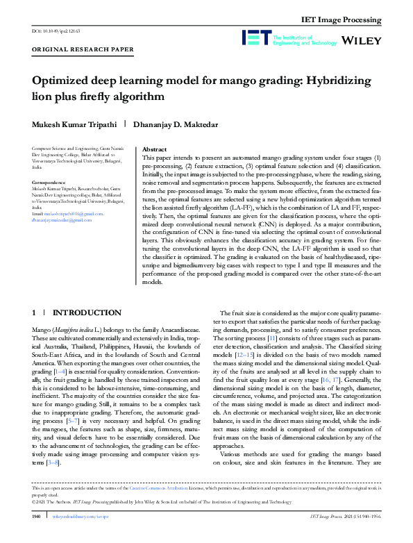(PDF) Optimized deep learning model for mango grading: Hybridizing lion plus firefly algorithm