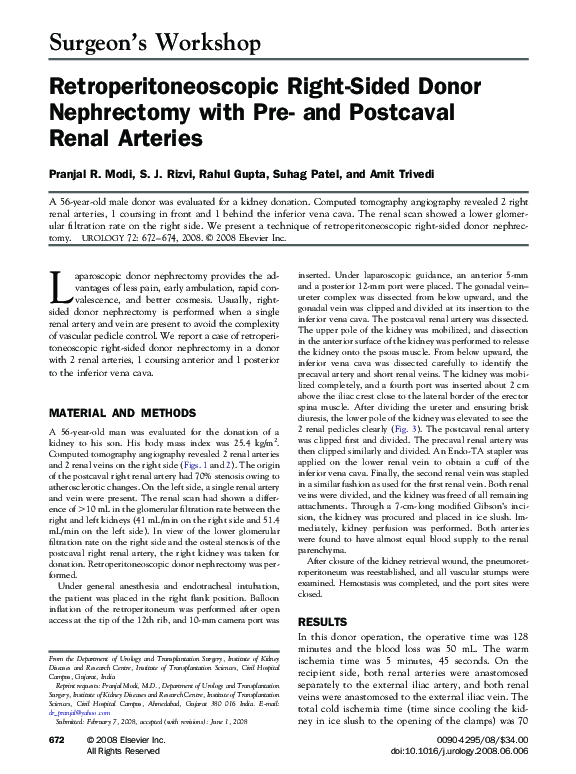 (PDF) Retroperitoneoscopic Right-Sided Donor Nephrectomy with Pre- and Postcaval Renal Arteries ...