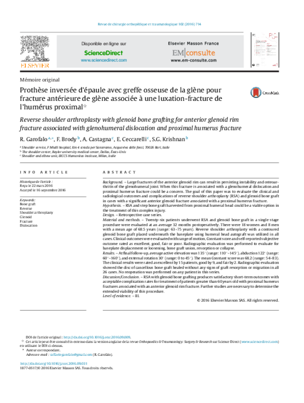 (PDF) Prothèse inversée d’épaule avec greffe osseuse de la glène pour ...