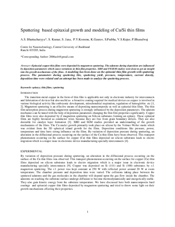 (PDF) Sputtering based epitaxial growth and modeling of Cu/Si thin films