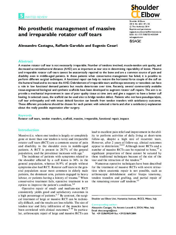 (PDF) No prosthetic management of massive and irreparable rotator cuff ...