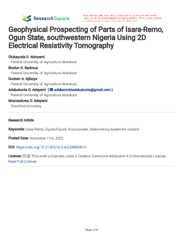 (PDF) Geophysical Prospecting of Parts of Isara-Remo, Ogun State ...
