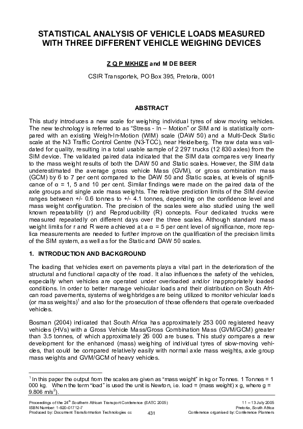 (PDF) Statistical Analysis of Vehicle Loads Measured with Three ...