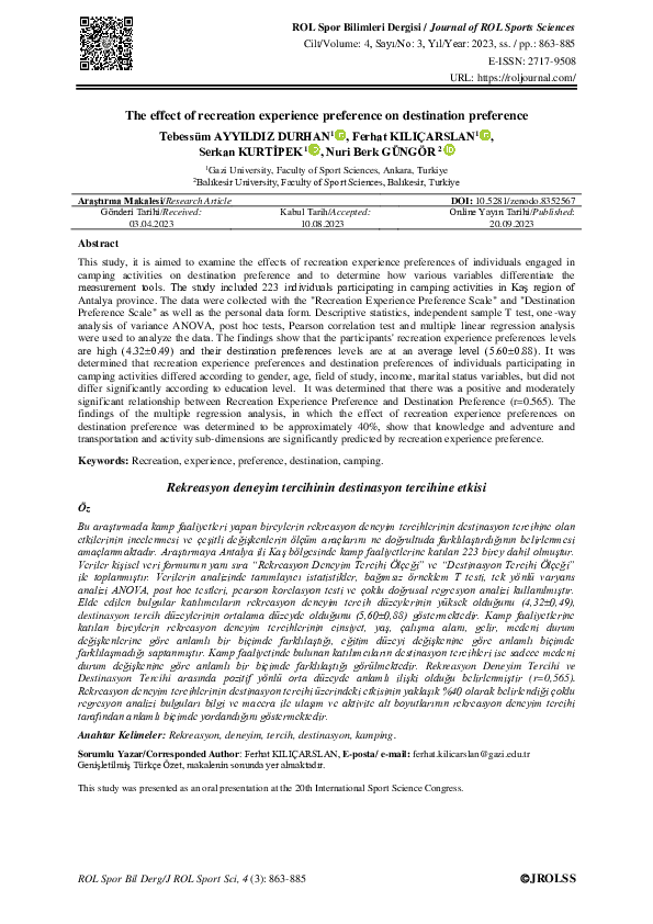 (PDF) The effect of recreation experience preference on destination ...